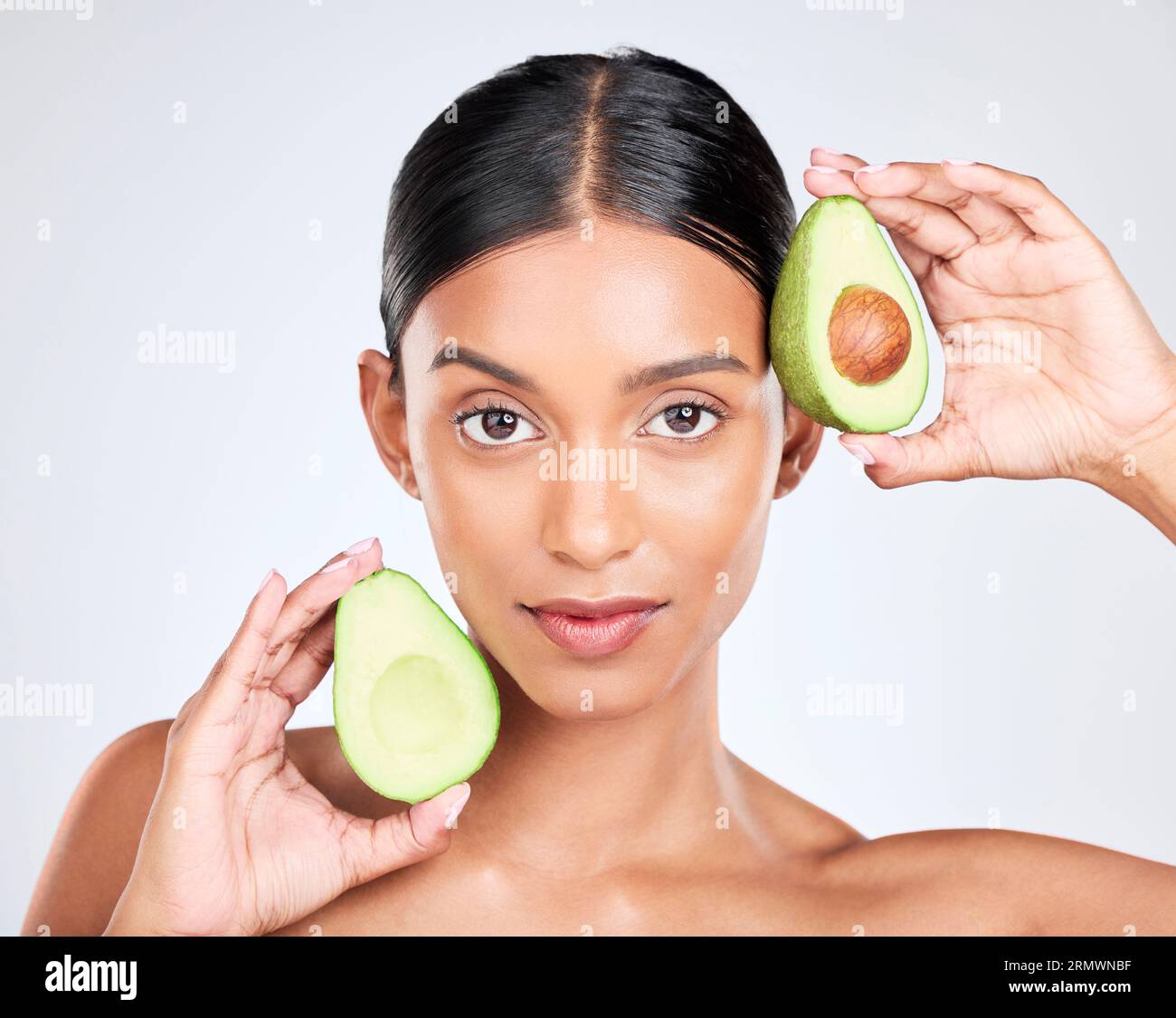 Portrait, avocado and woman with natural beauty, facial and eco ...