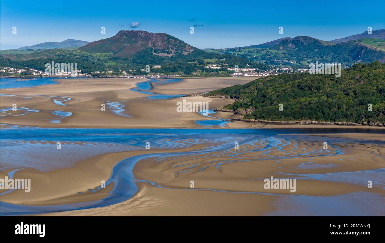 An aerial view of River Dwyryd in Wales at low tide showing the sandy ...