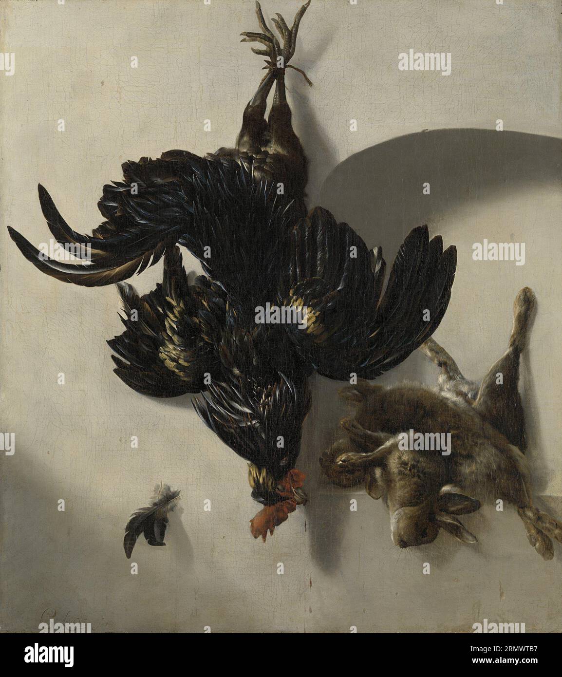 Still life with black rooster and two rabbits 1659 by Cornelis ...