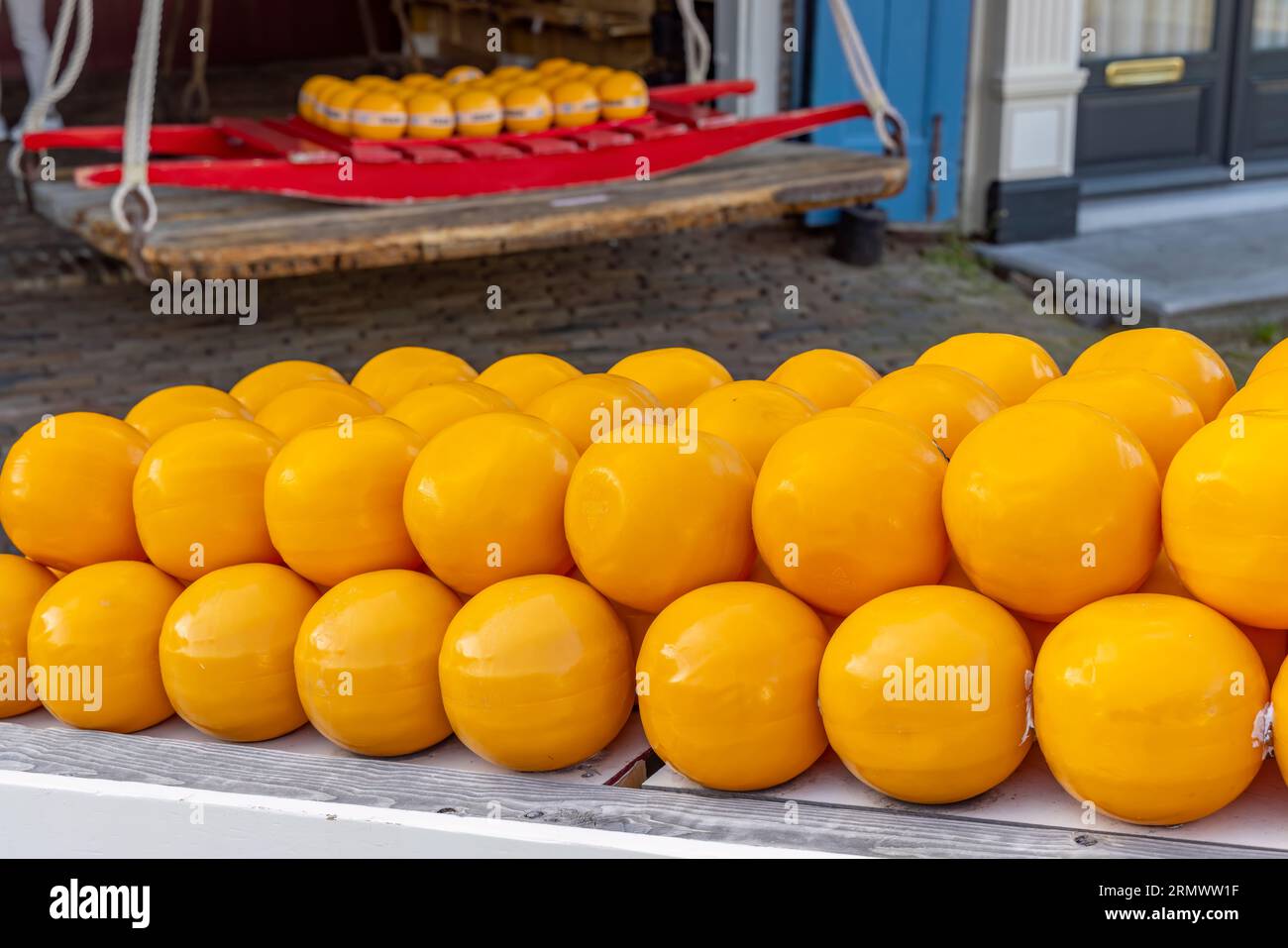 Detail of edam cheeses, town cheese market, Edam, North Holland ...