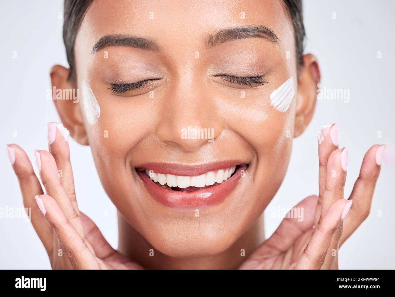 Happy, cream and woman with beauty, cosmetics or dermatology on a white ...