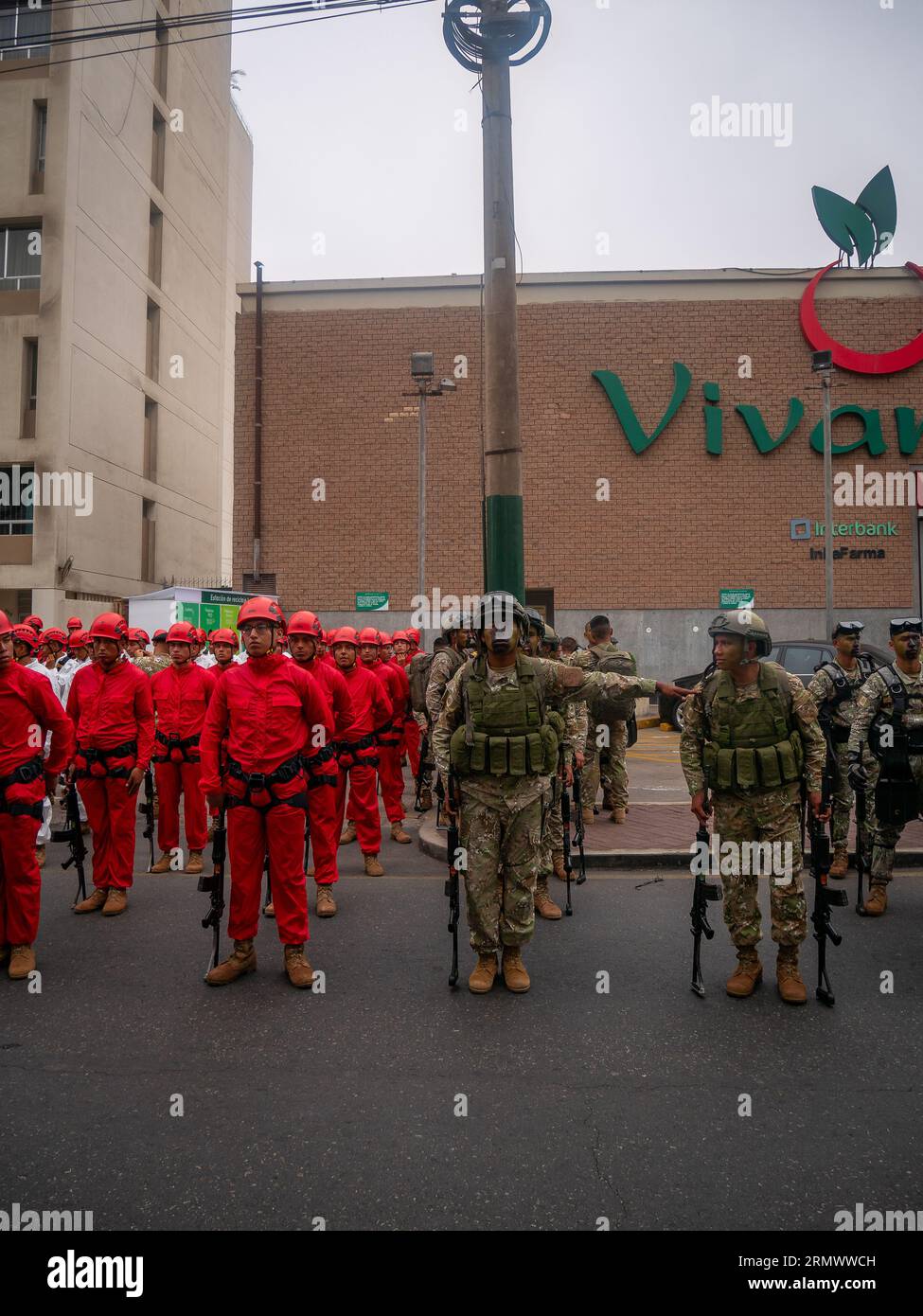 Lima, Peru - July 29 2023: Peruvian Men in Red Uniforms and Helmets ...