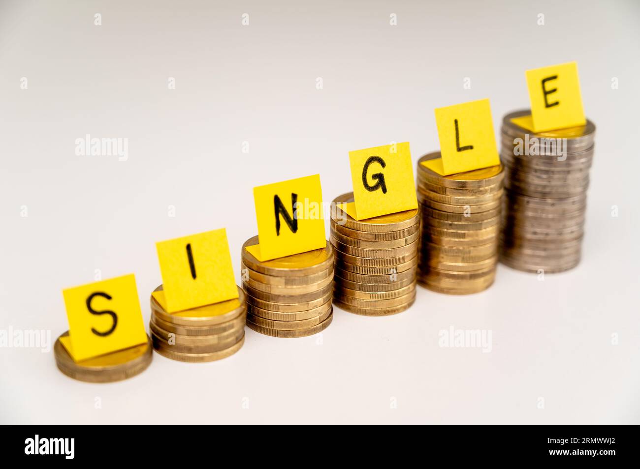 Stacks of coins with Single text. Economic conditions of single people ...