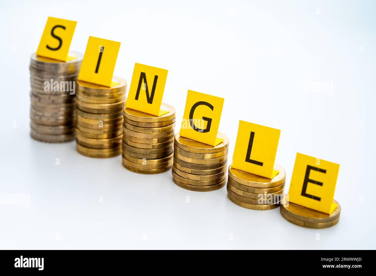 Stacks of coins with Single text. Economic conditions of single people ...