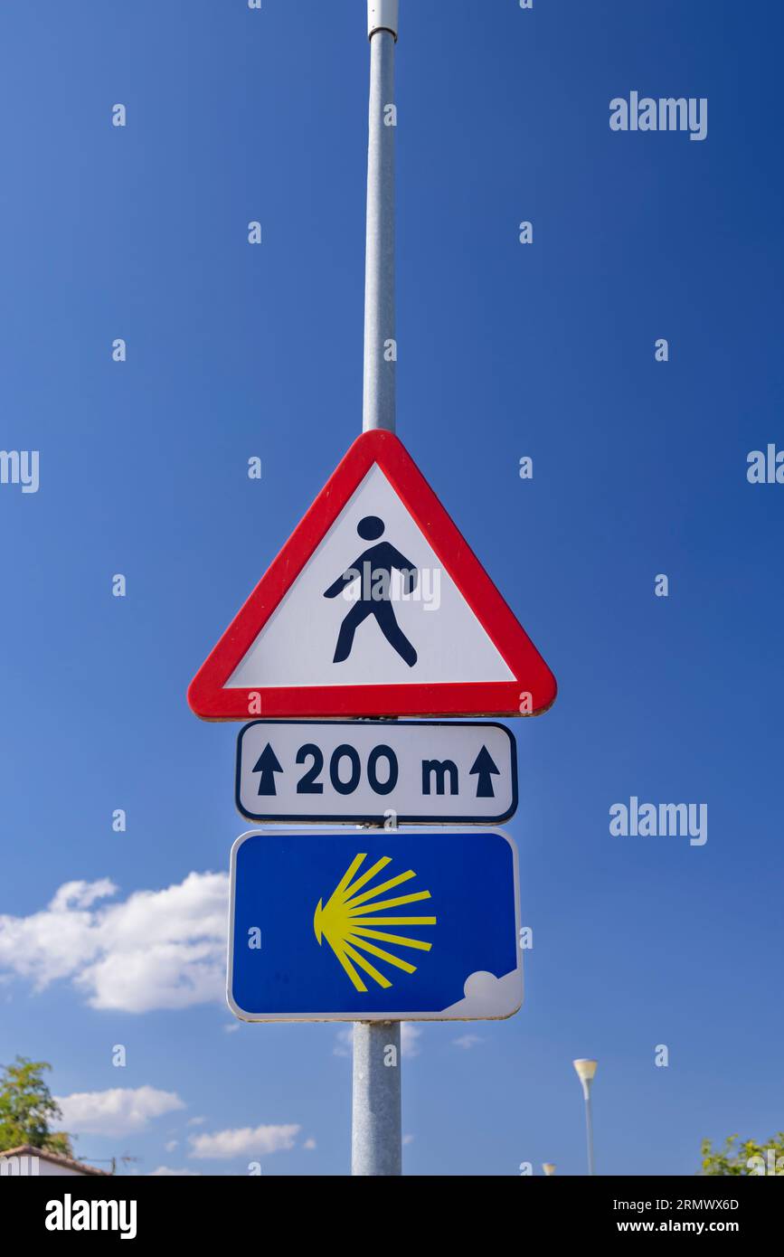 Road sign totem with yellow shell, that guides pilgrims along the ...