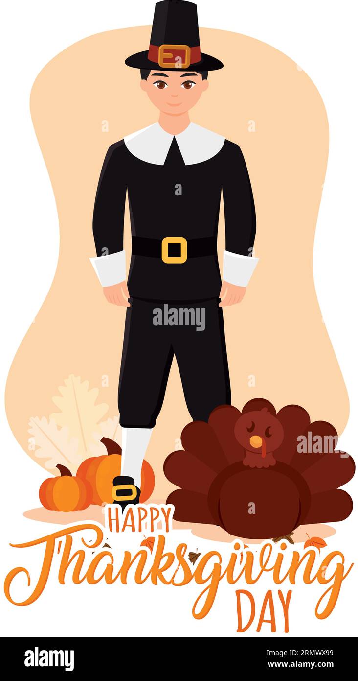 Cute boy character with pilgrim clothes Happy thanksgiving day Vector ...
