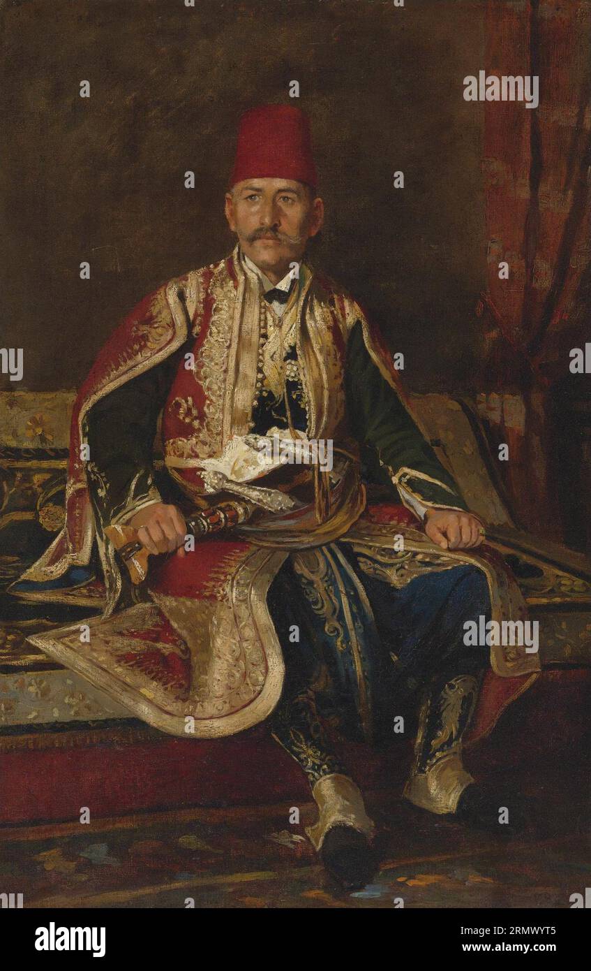 Turkish noble seated in a carpeted interior by Franz Leo Ruben Stock ...