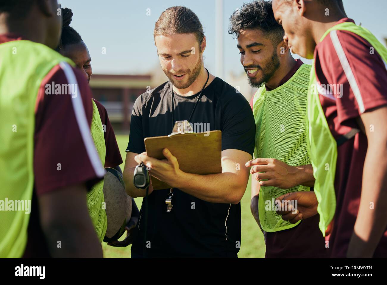 Sports strategy, talking and men in rugby for teamwork, fitness ...