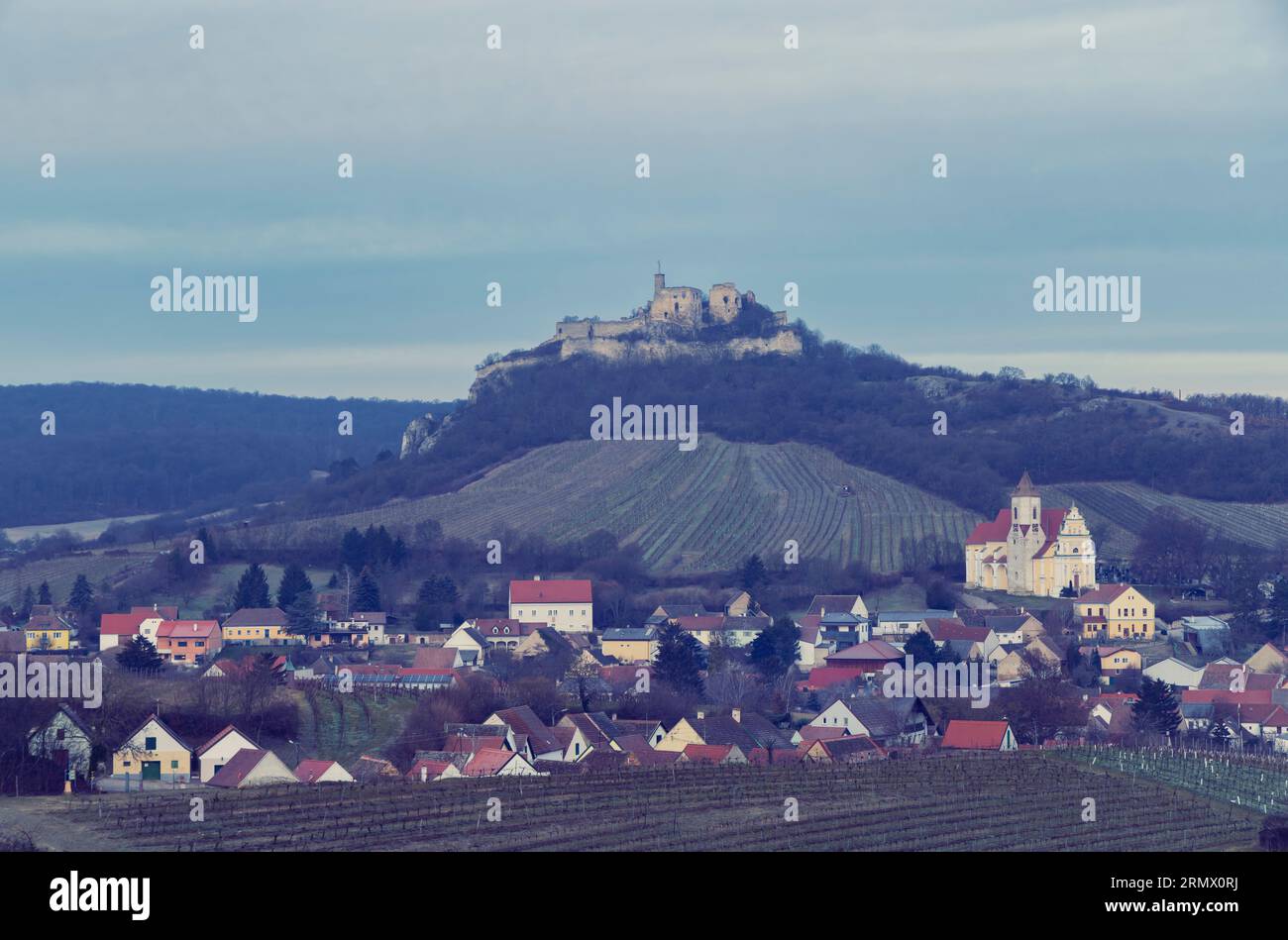 Falkenstein ruins and town with vineyard, Lower Austria, Austria Stock ...