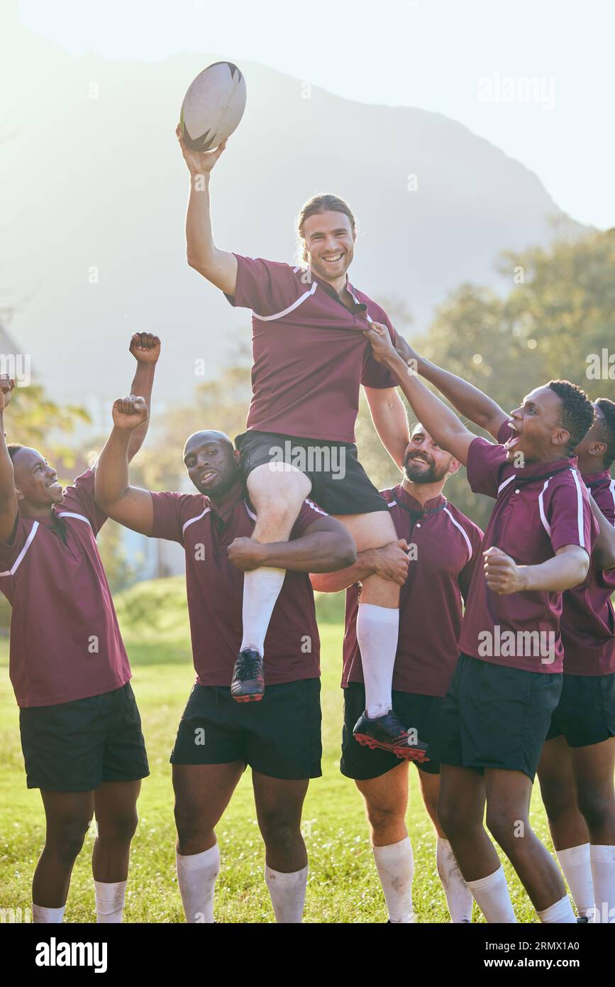 Group portrait, sports team and rugby celebration, collaboration and ...