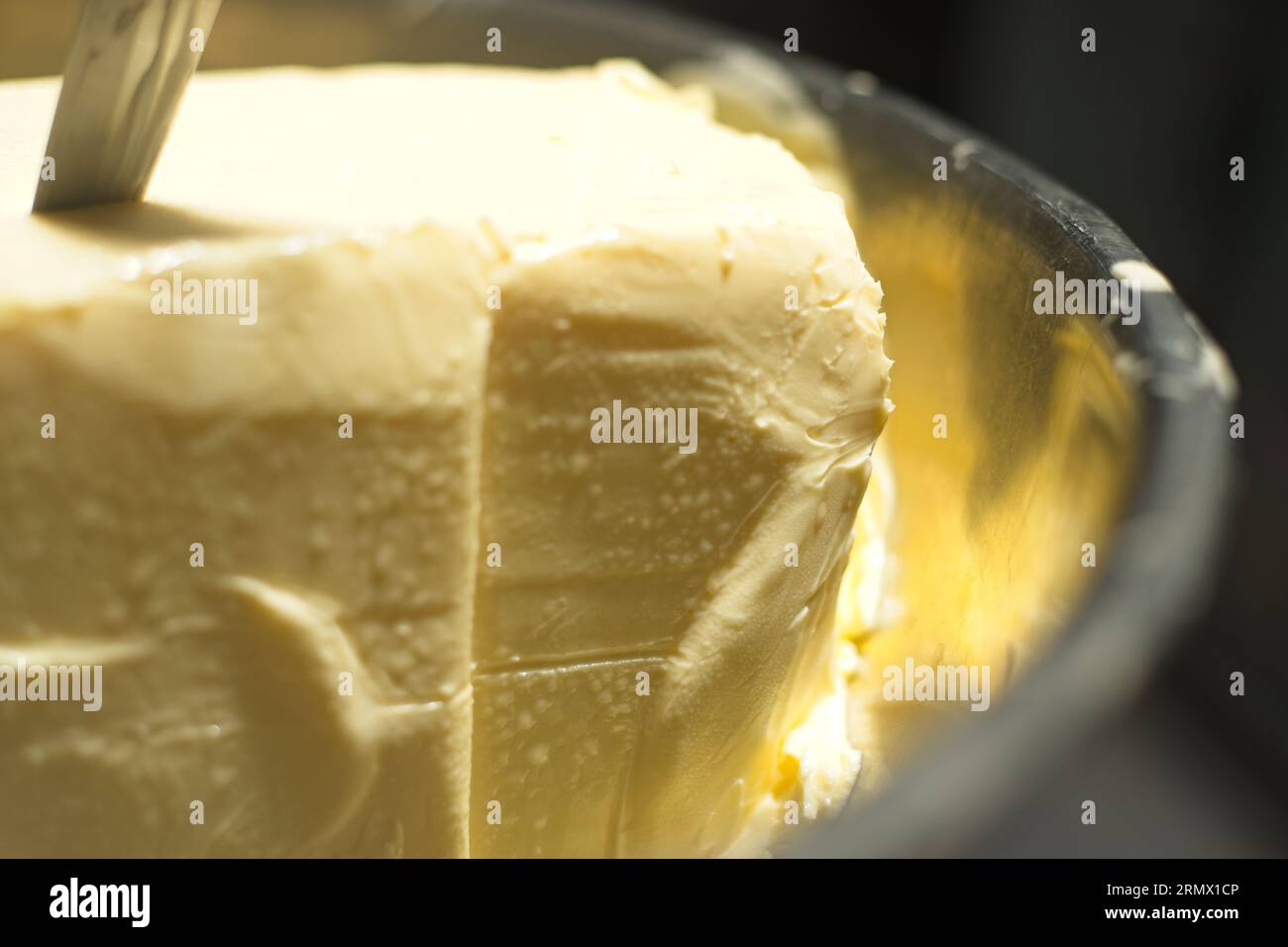 Butter block in the bit bowl, with a knife on top Stock Photo - Alamy
