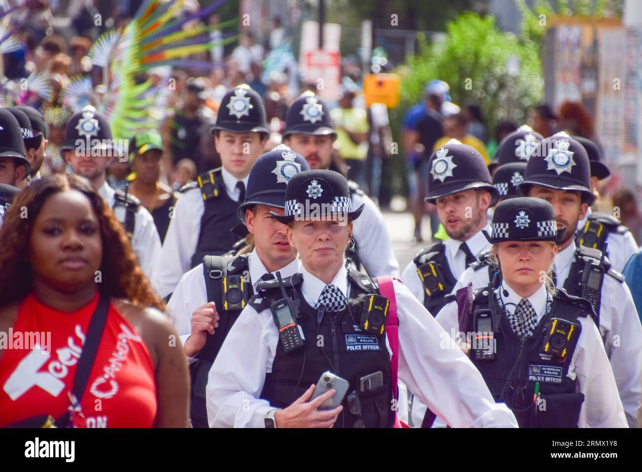 London, UK. 28th August 2023. Police officers take their positions ...