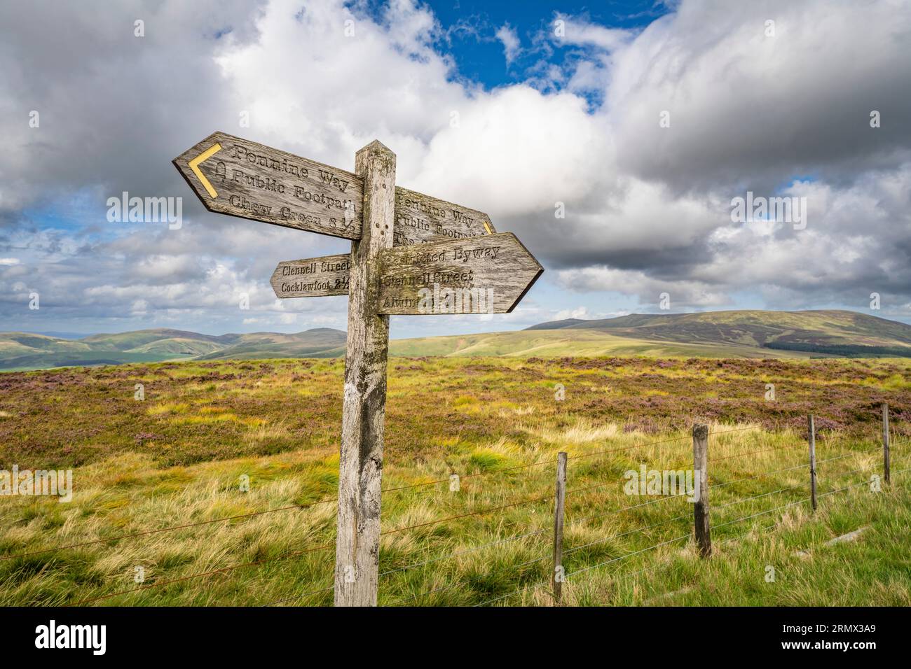Pennine Way signpost on the England Scotland border in the Cheviot ...