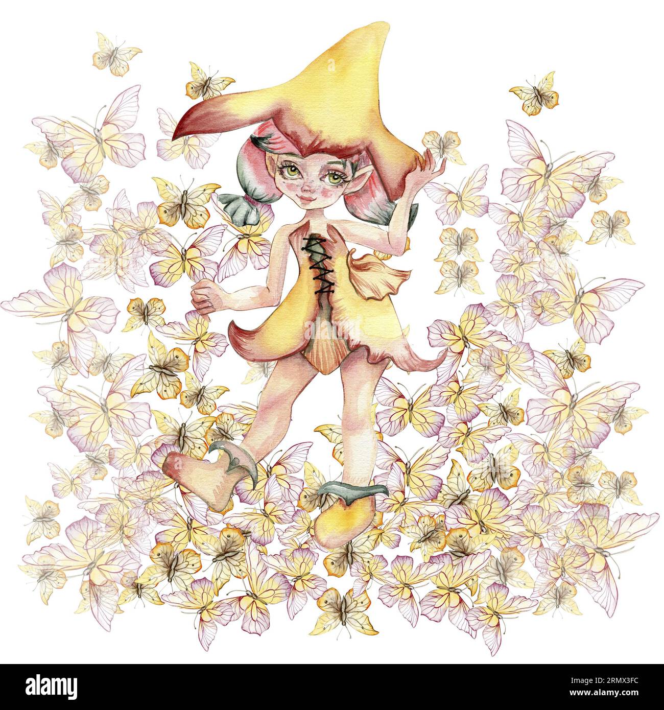 Composition of fairy with butterflies. Hand drawn classic ballet ...