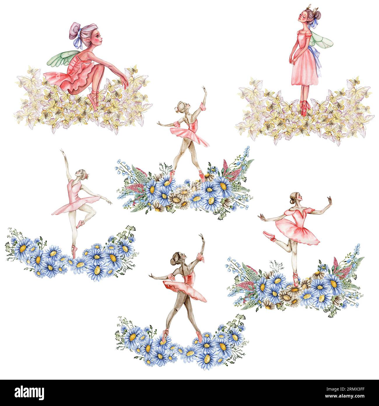 Composition of dancing ballerina with flowers. Hand drawn classic ...