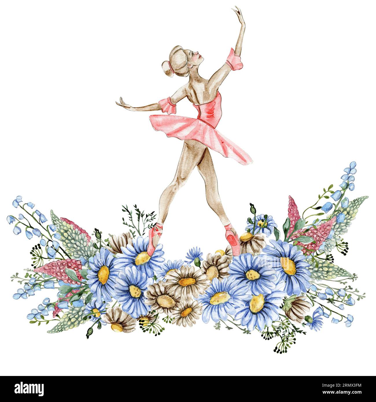 Composition of dancing ballerina with flowers. Hand drawn classic ...