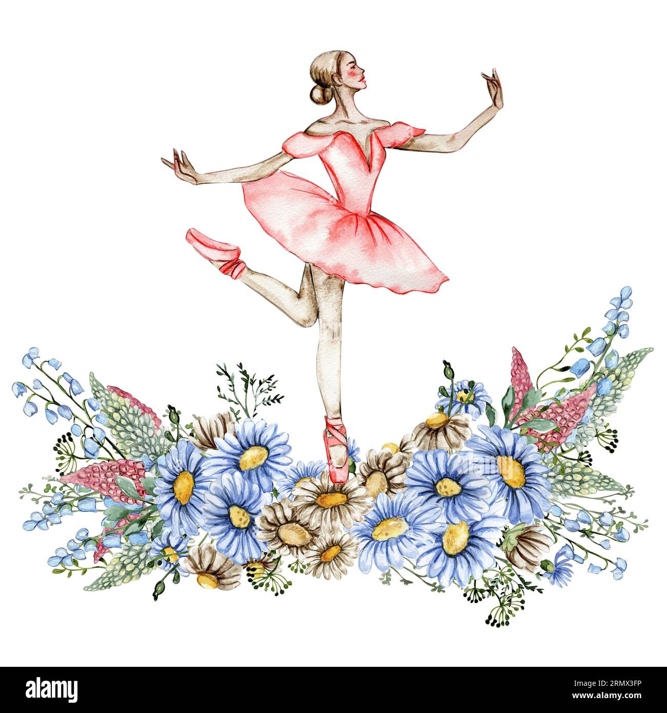 Composition of dancing ballerina with flowers. Hand drawn classic ...