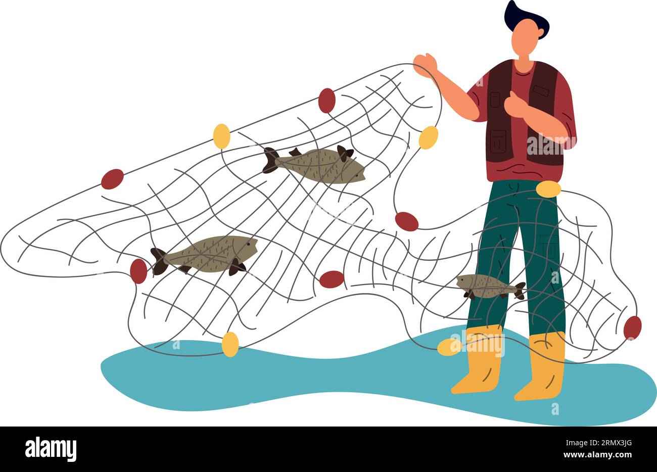 fisherman with nets catches fish.flat vector illustration Stock Vector ...