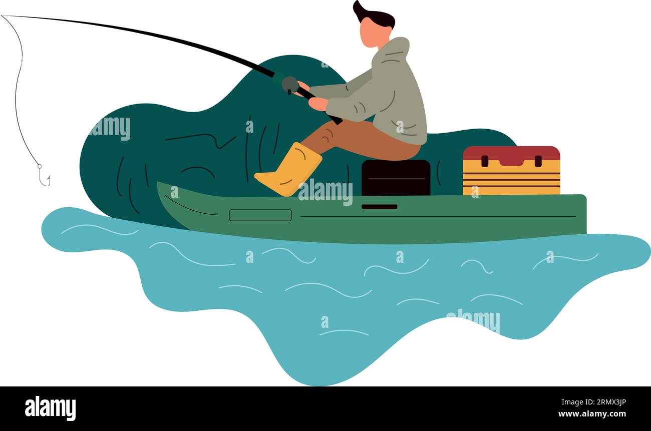 Male catching fish on inflatable boat.flat vector illustration Stock ...