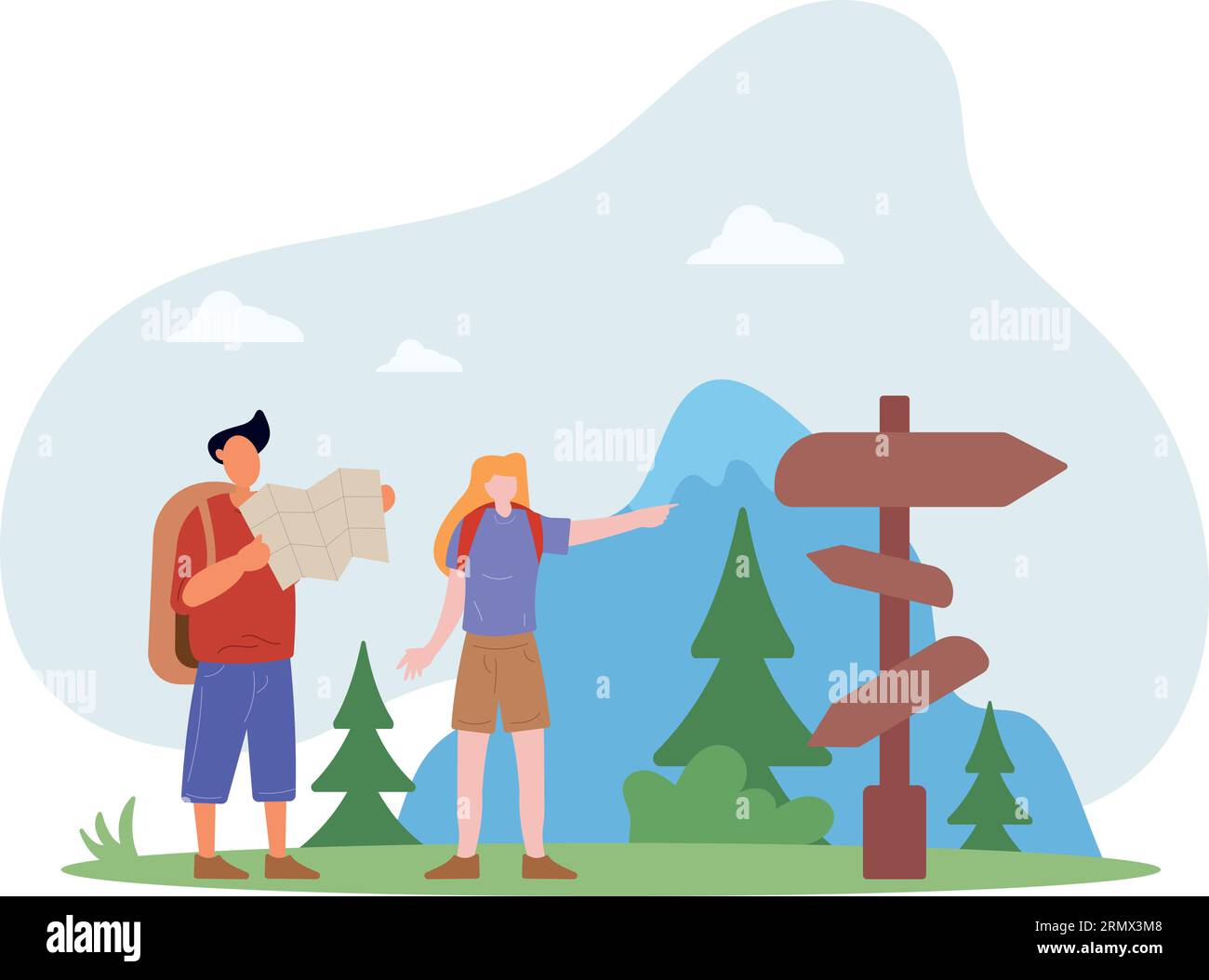 Tourists looking location. Man and woman with map near road. Travel ...