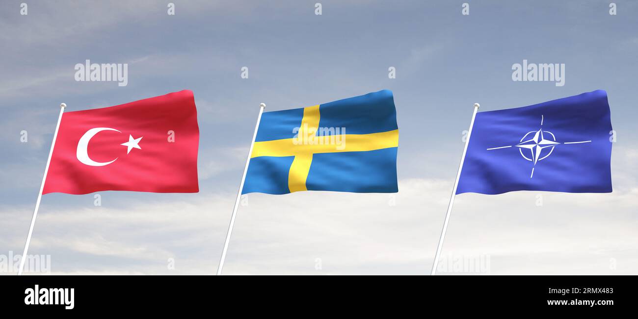 Flags of TURKEY SWEDEN and NATO with cloudy blue sky background, WAR 3D ...