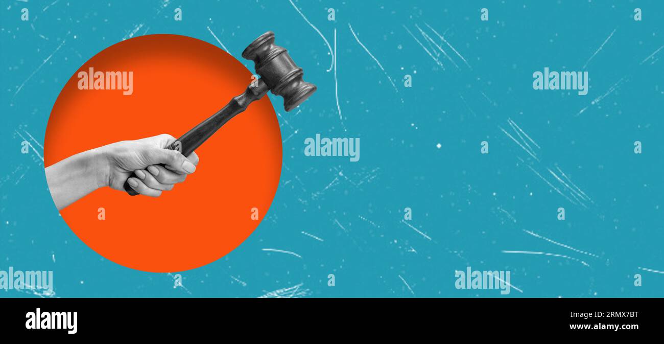 Digital Collage Depicting a Female Hand Holding a Judge's Gavel on a ...