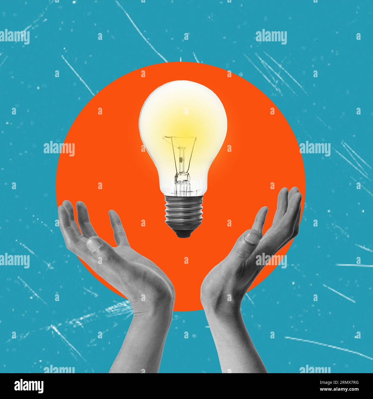 Art collage, hands reaching for a light bulb on an orange background ...
