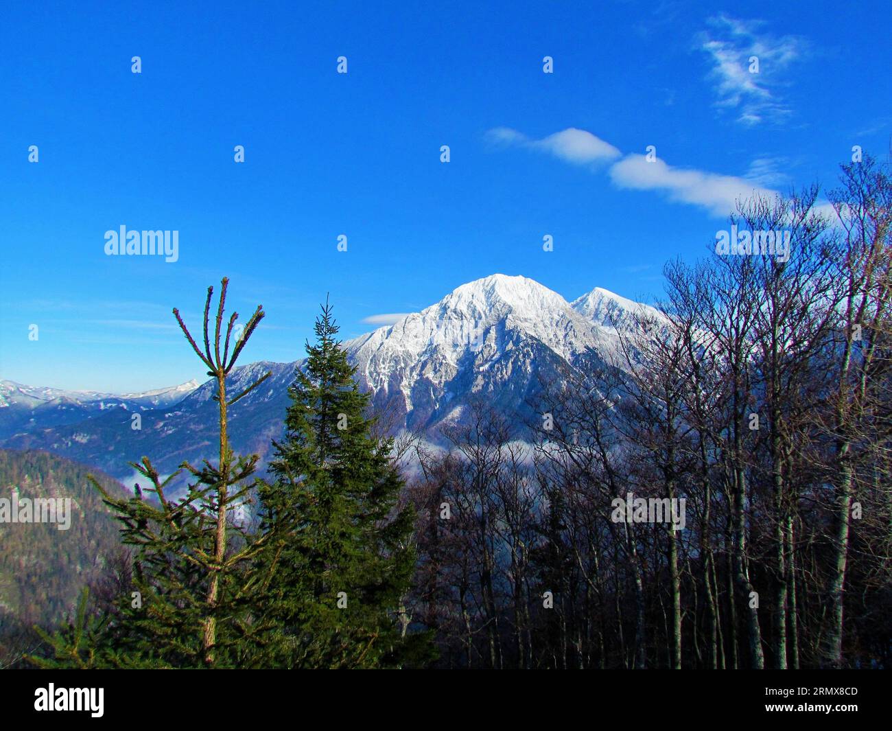 Scenic view of mountains Grintovec and Skuta in the Kamnik Savinja alps ...