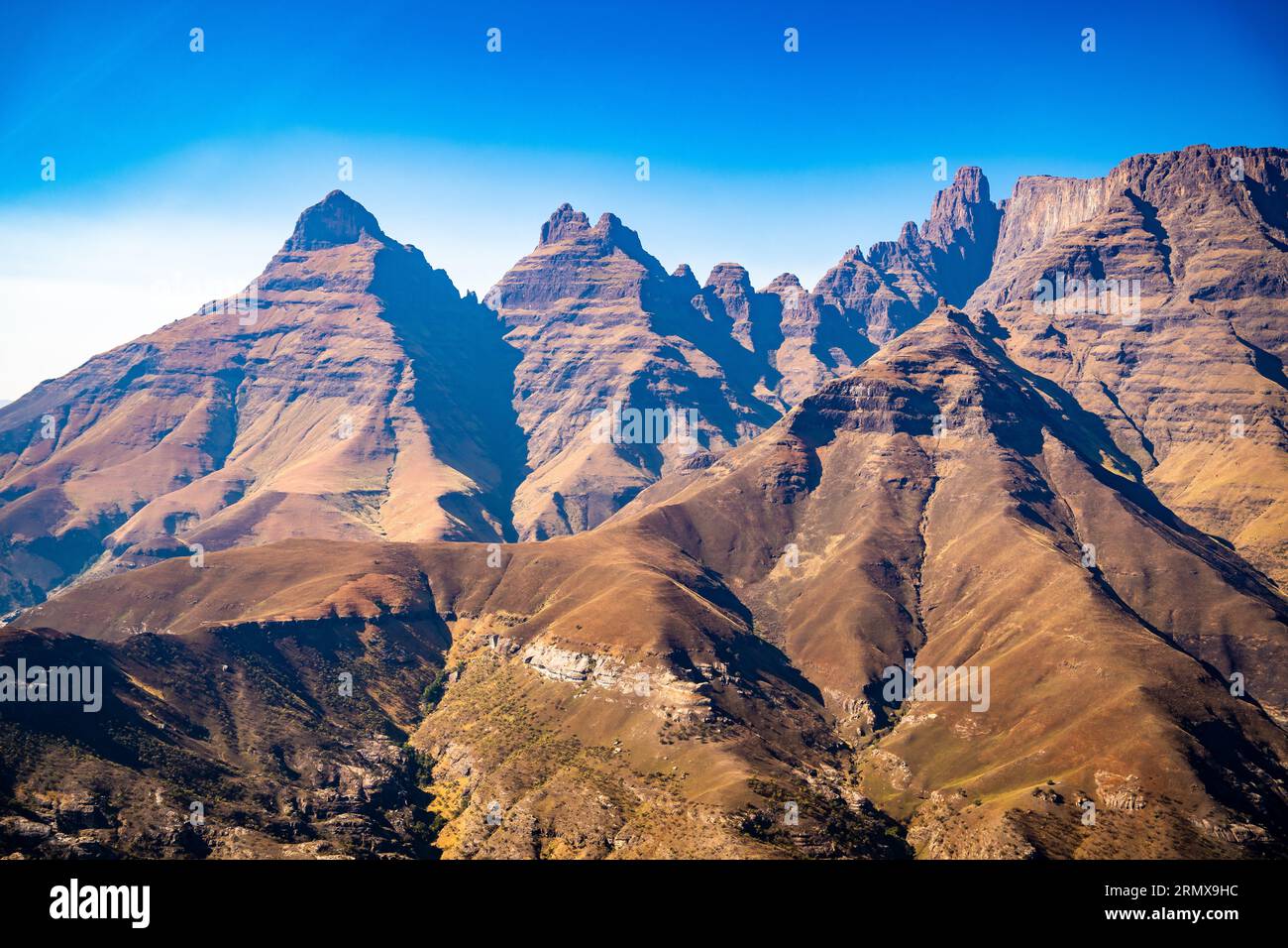 Aerial view of Cathedral Peak in Drakensberg mountains, at the Lesotho ...