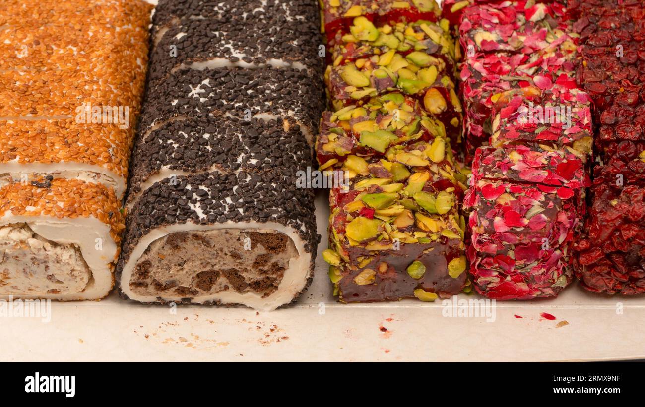 Sweet roll with pomegranate and nuts, turkish sweets. Turkish rahat ...