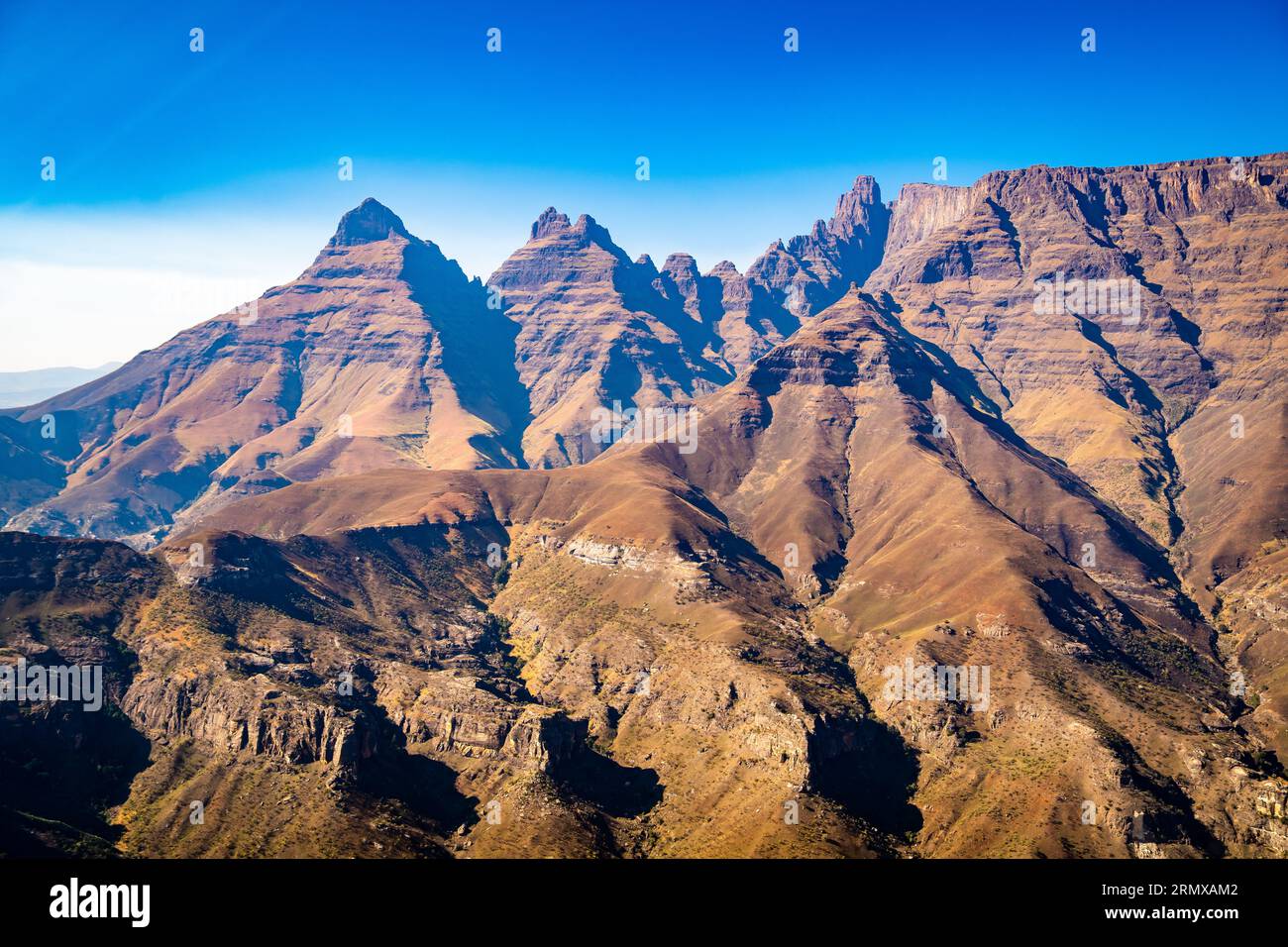 Aerial view of Cathedral Peak in Drakensberg mountains, at the Lesotho ...
