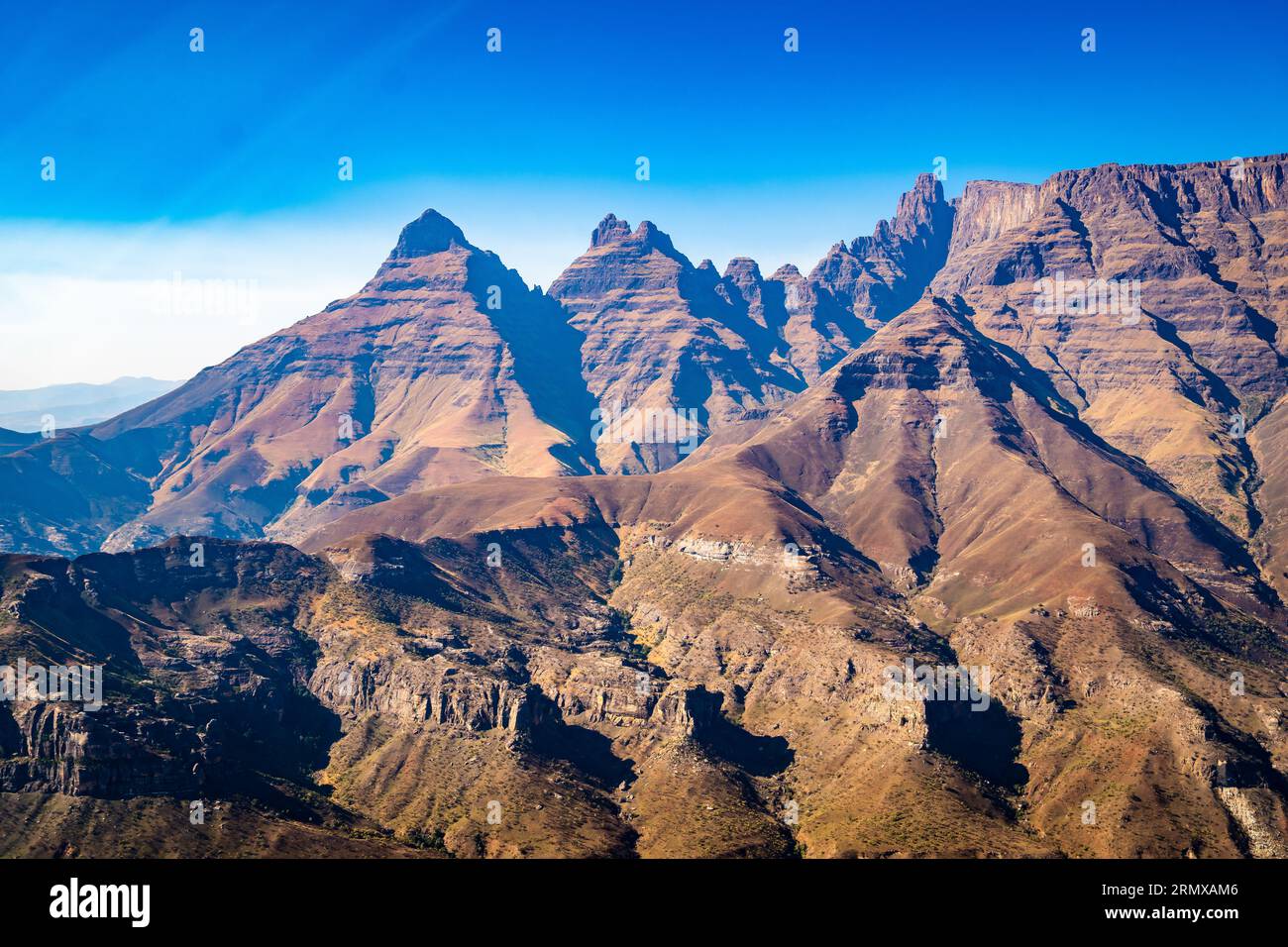 Aerial view of Cathedral Peak in Drakensberg mountains, at the Lesotho ...