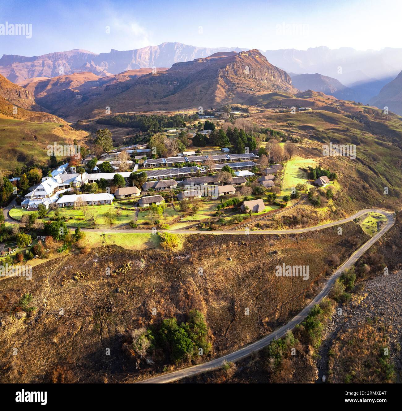 Aerial view of Cathedral Peak in Drakensberg mountains, at the Lesotho ...