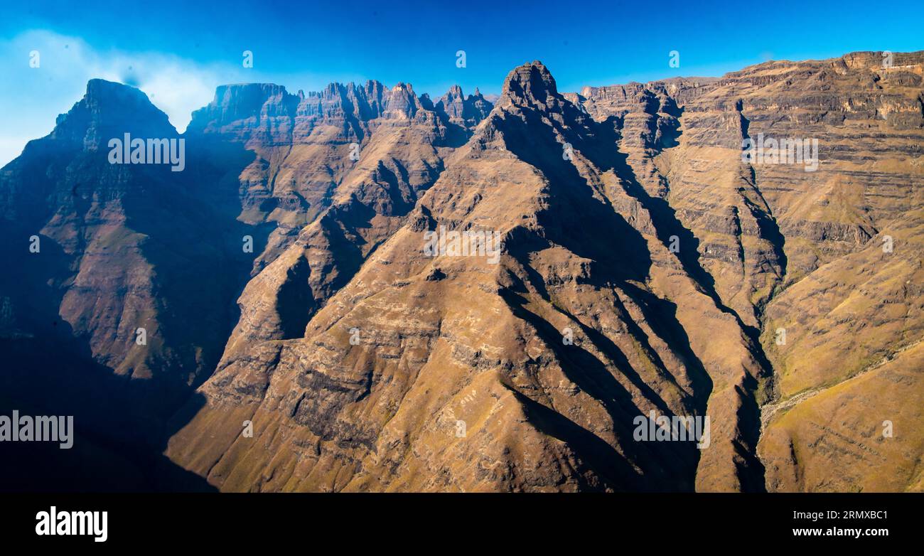 Aerial view of Cathedral Peak in Drakensberg mountains, at the Lesotho ...