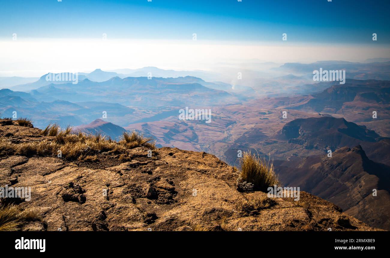 Aerial view of Cathedral Peak in Drakensberg mountains, at the Lesotho ...
