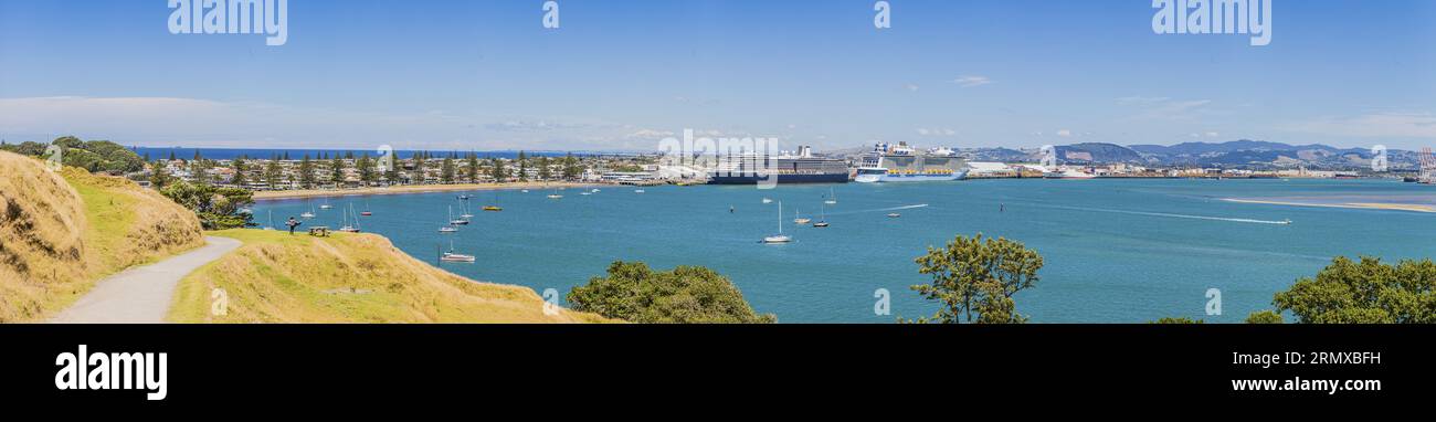 View on harbor and cruise ship terminal of Tauranga city on northern ...
