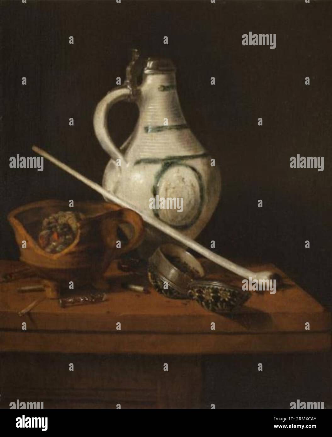 Still life with white crock, brazier and smoking paraphernalia 17th ...