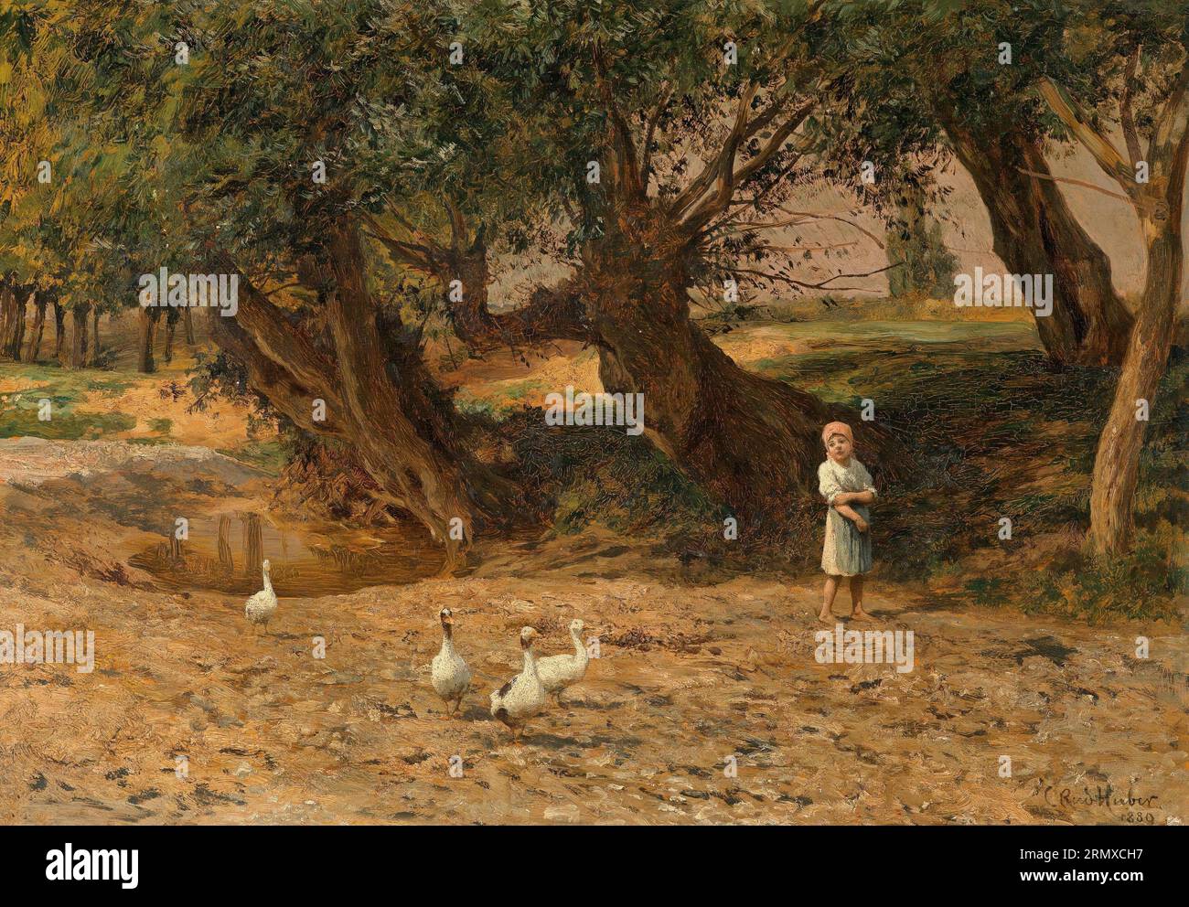 The little goose girl under willows 1889 by Carl Rudolf Huber Stock ...