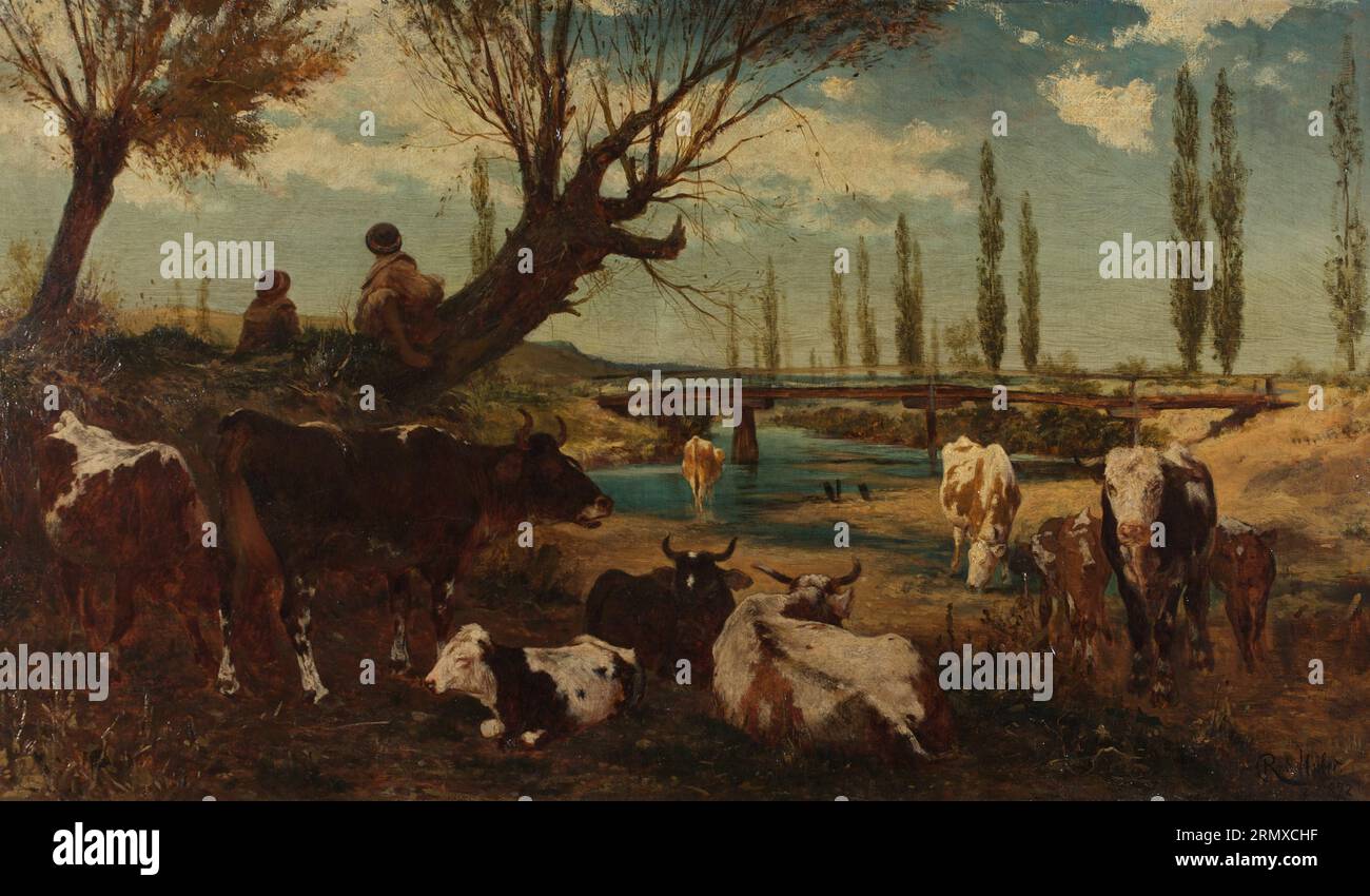 Kuhherde am Wasser 1872 by Carl Rudolf Huber Stock Photo - Alamy