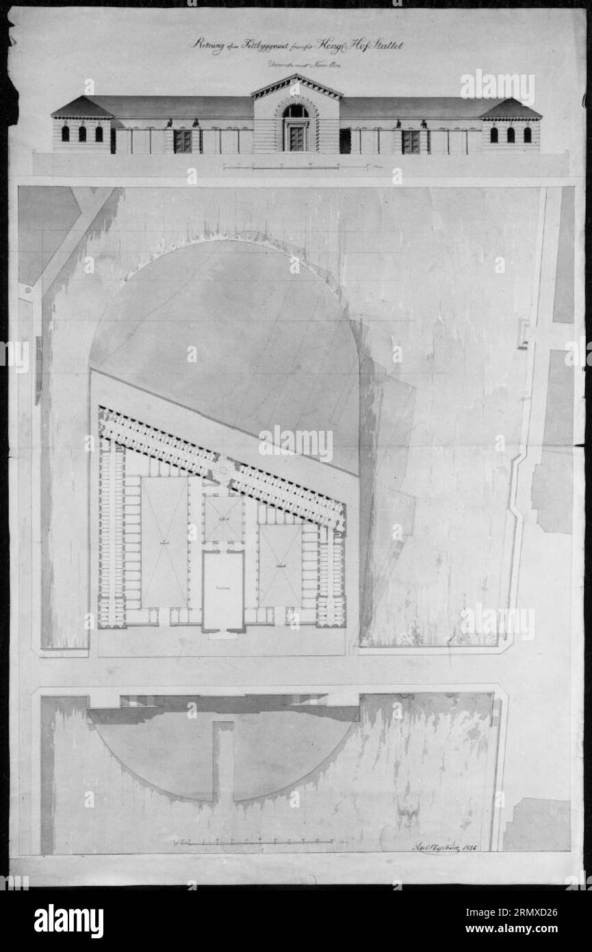 Ritning över tillbyggnad framför kungliga hovstallet 1825 by Per Axel ...