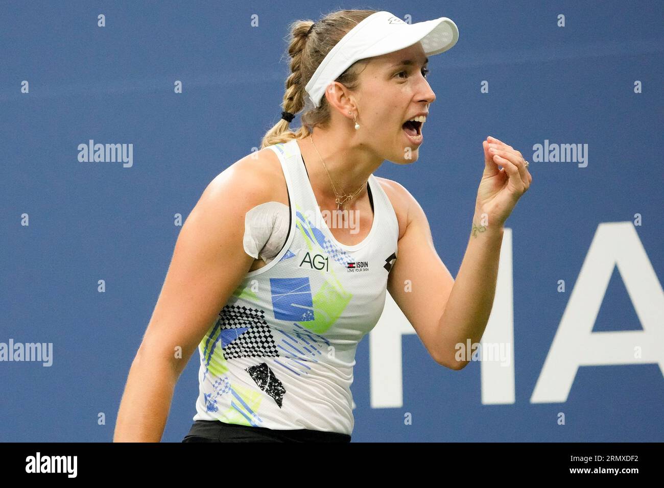 Elise Mertens, of Belgium, reacts during a match against Danielle ...
