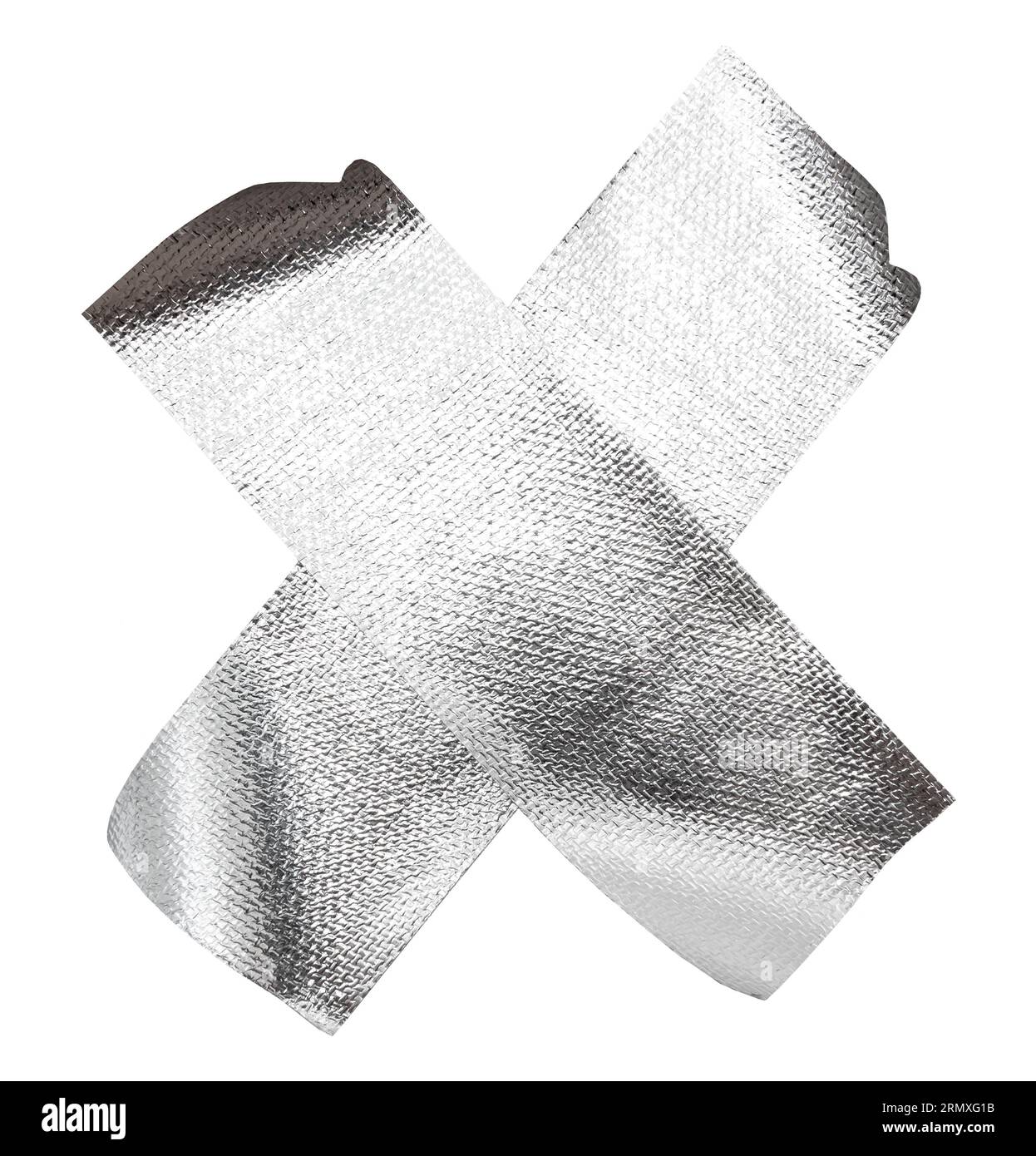 Silver tape in the shape of a cross on a white background. Intersecting ...