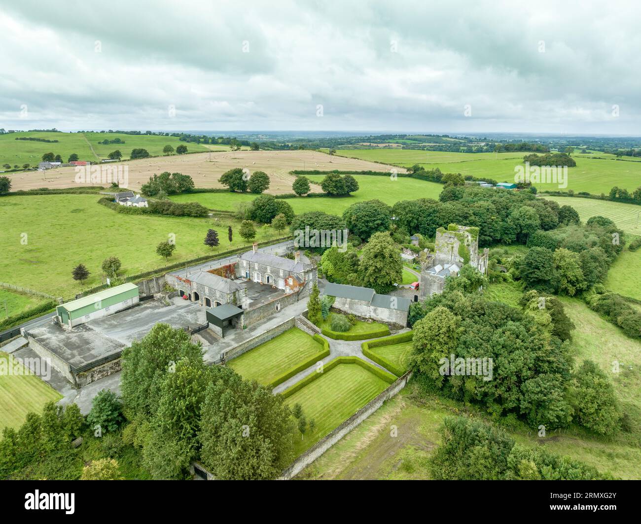 Aerial view of Leap Castle with ruined donjon and castle garden Stock ...