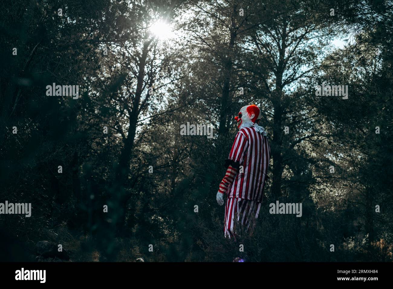 a mad evil redhead clown, wearing a white and red striped costume with ...