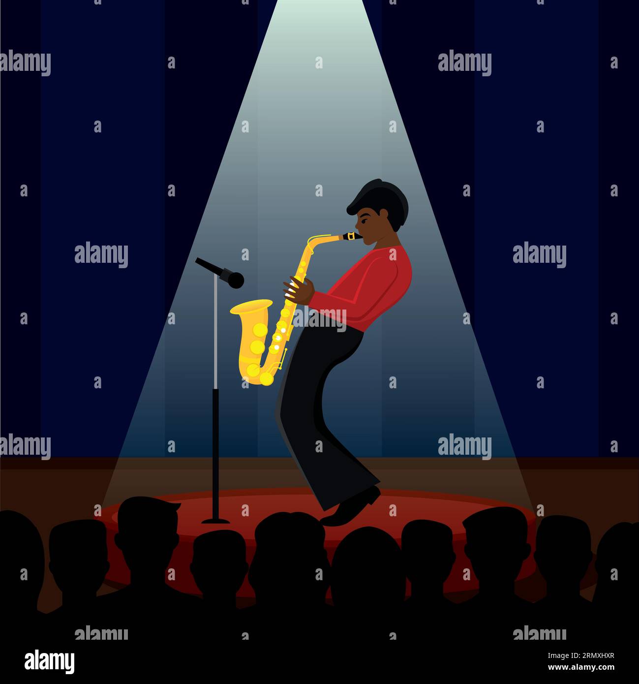 Boy character playing a saxophone Jazz music concert Vector ...