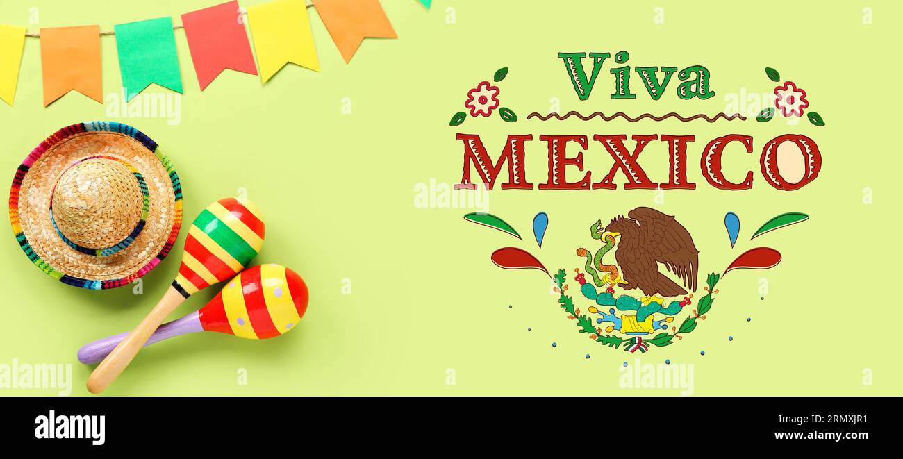 Banner for Happy Mexican Independence Day with sombrero hat and maracas ...