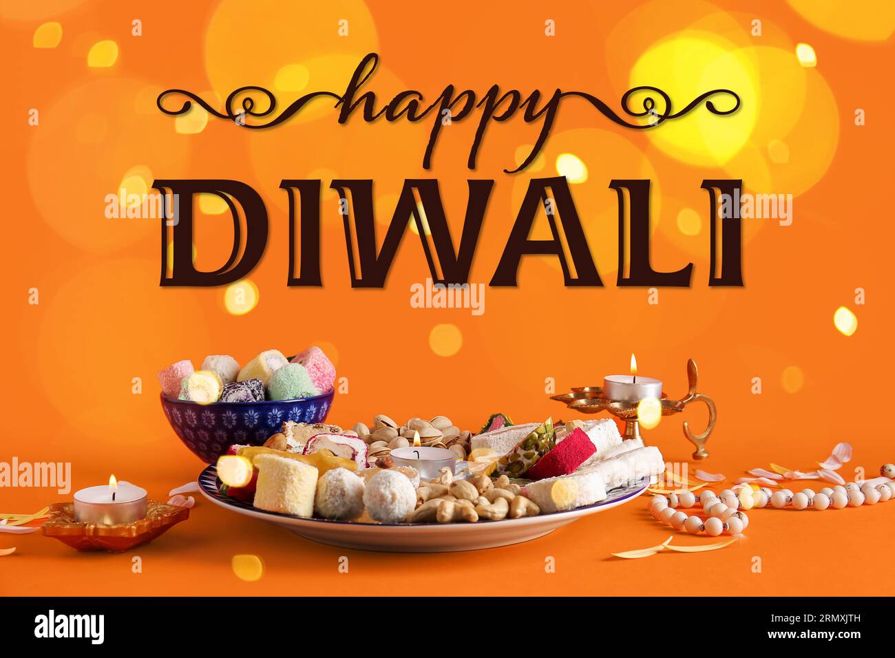 Greeting card for Happy Diwali (Festival of lights) with Indian sweets ...