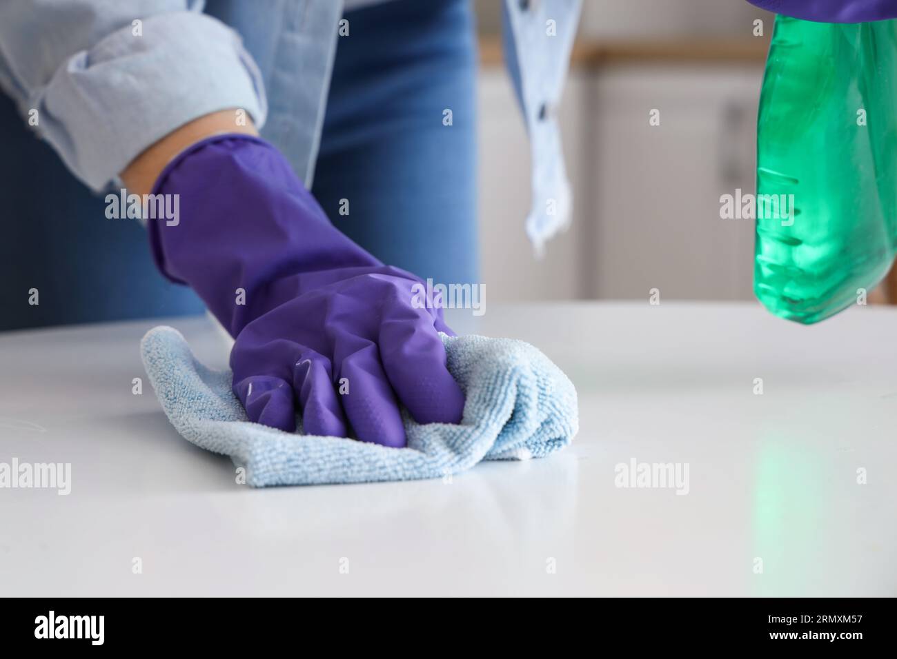 Woman in purple rubber gloves cleaning table with rag and detergent ...