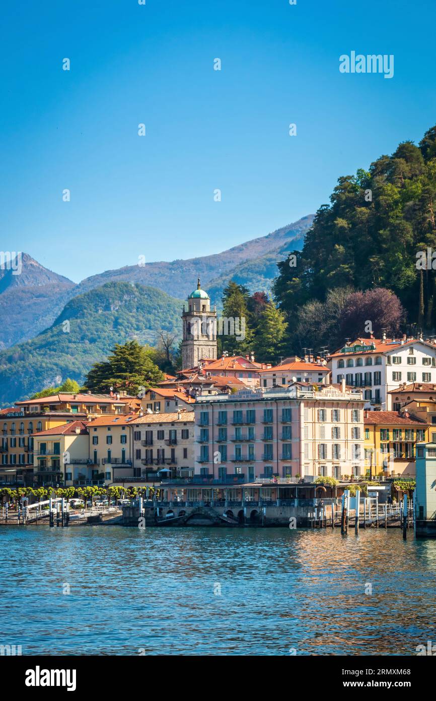 Scenic view of famous Bellagio at Lake Como, Italy against blue sky in ...