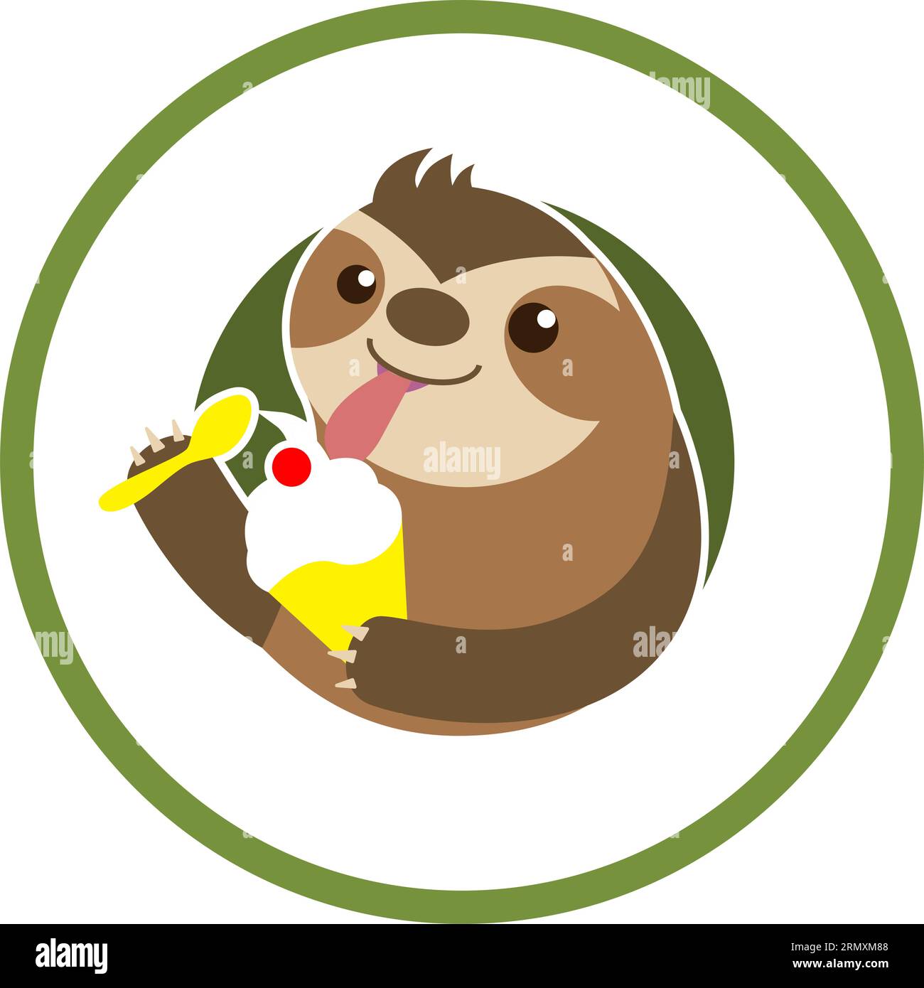 Illustrated badge of a cute sloth enjoying a vanilla ice cream with a ...